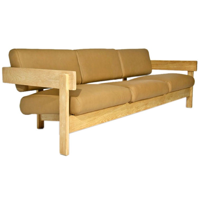 Solid bleached oak and leather sofa at 1stDibs