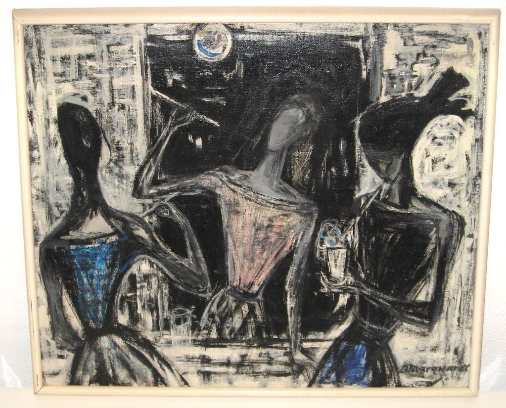 Marquardt Signed Oil on Canvas Modernist Bar Scene at 1stDibs