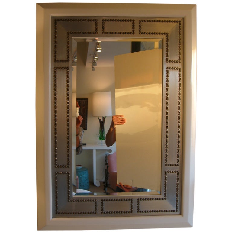 White Lacquered Studded Mirror at 1stDibs