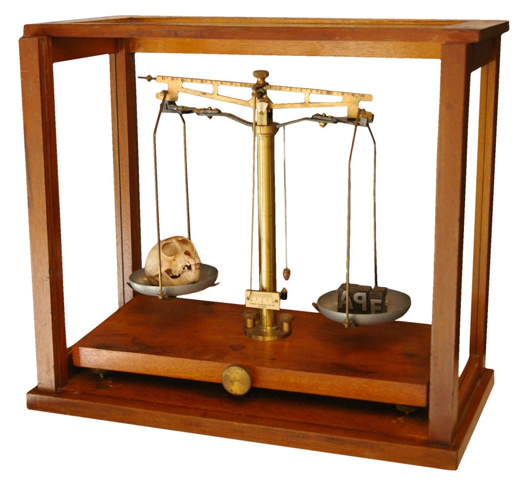 Antique Laboratory Scale with Set of Counterweights and Skull at 1stDibs