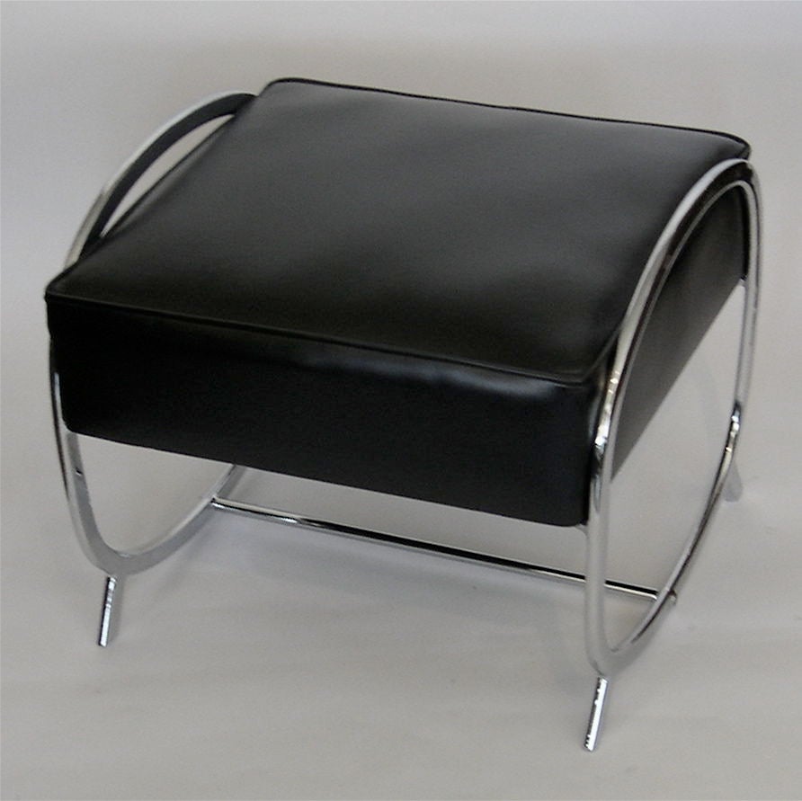Rare Streamline Art Deco Chrome Chair and Ottoman in Black Leather at ...