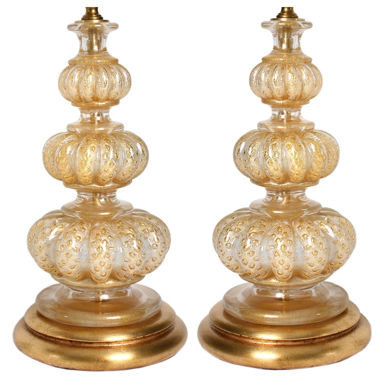 Pair of Barovier and Toso Cordonato D' Oro Lamps For Sale at 1stDibs