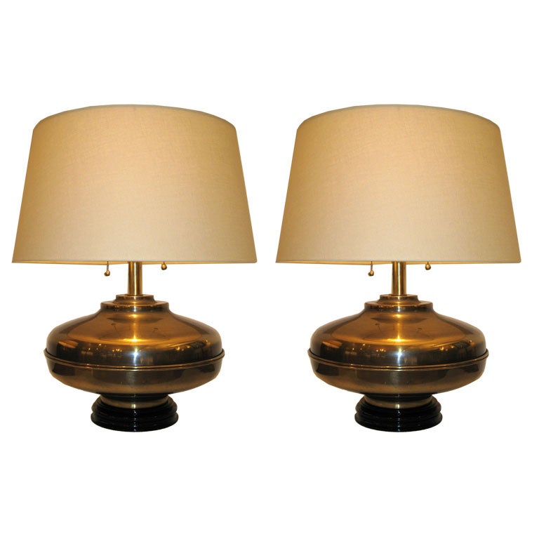 Pair of Large Squat Brass Table Lamps at 1stDibs
