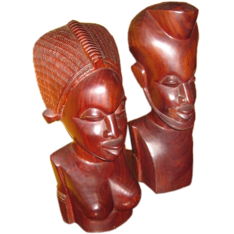 Pair of Solid Mahogany African Busts at 1stDibs