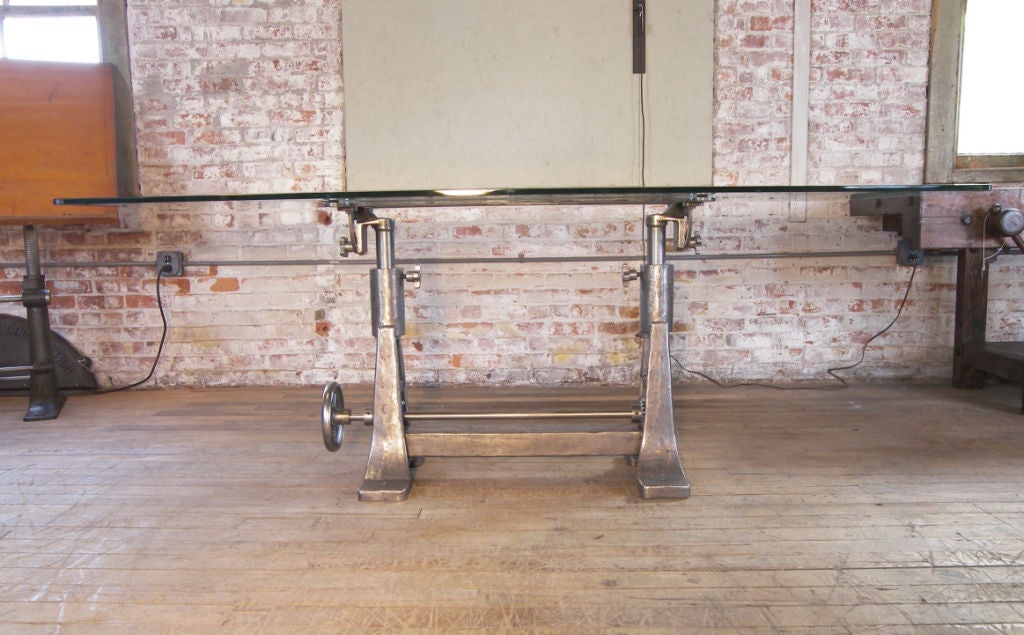 Vintage Industrial Cast Iron and Glass Adjustable Desk /Table Base at ...