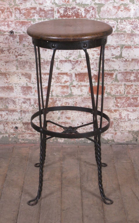Vintage Metal Twist Leg Stool with Oak Seat at 1stDibs