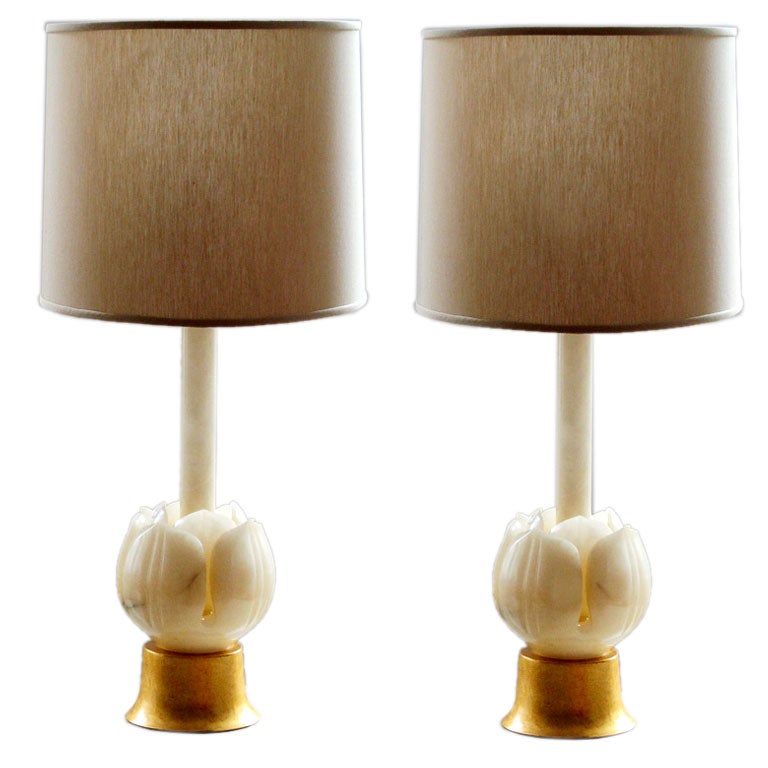 Lotus form alabaster lamps, gilt-wood bases, mid-century Italy at 1stDibs