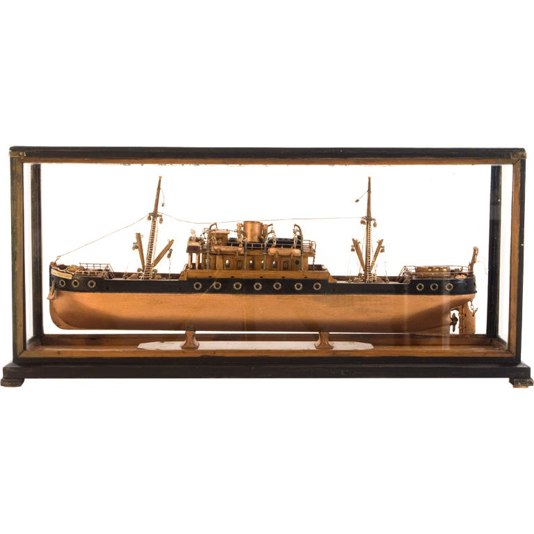 Handpainted Ship in Glass Display Case by Elsie Williams at 1stDibs