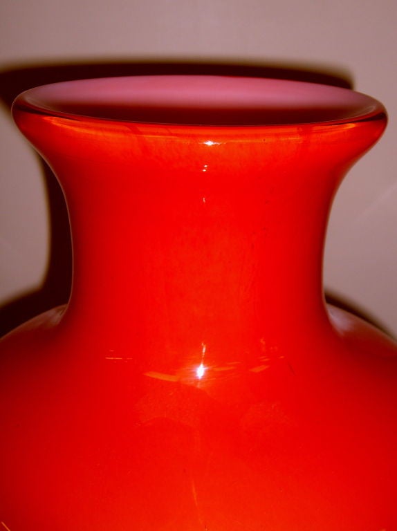 Large mid century modern Italian orange red bulbous glass vase at 1stDibs