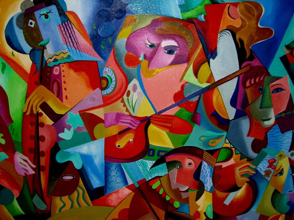 Large cubist mural sized painting musicians Constantin Tanasache at 1stDibs