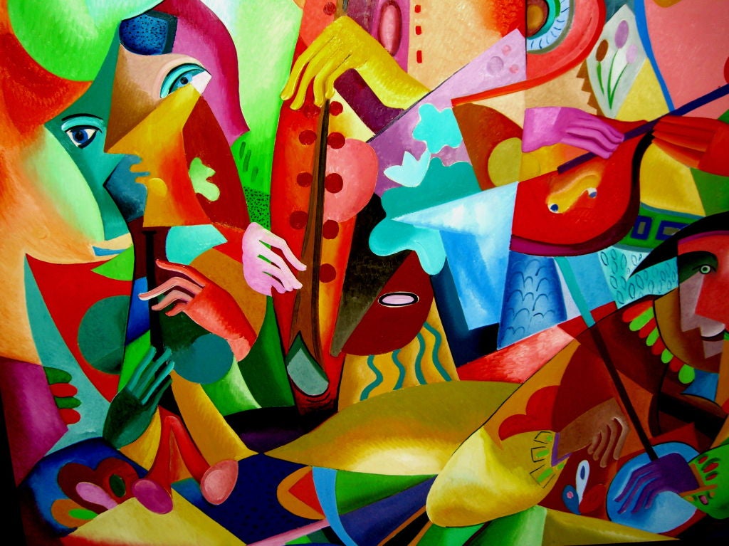 Large cubist mural sized painting musicians Constantin Tanasache at 1stDibs
