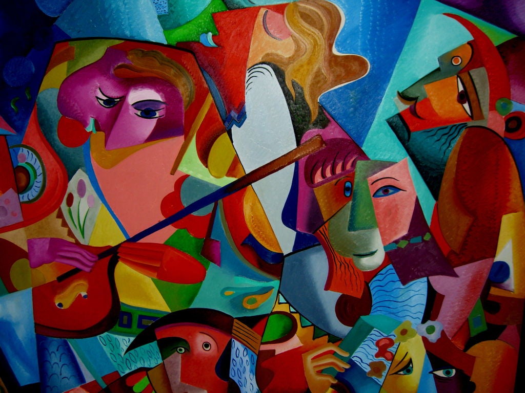 Large cubist mural sized painting musicians Constantin Tanasache at 1stDibs