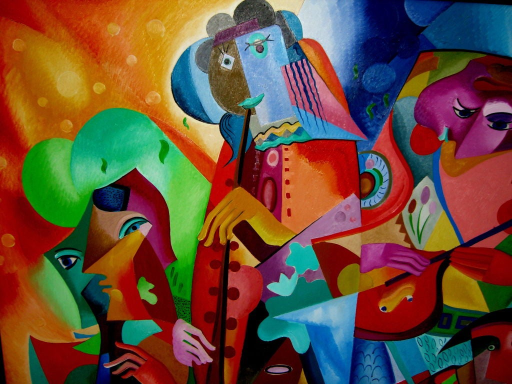 Large cubist mural sized painting musicians Constantin Tanasache at 1stDibs