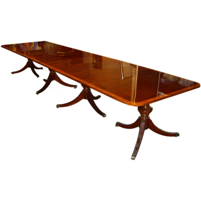 4 pedestal 14.45 ft satinwood banded Sheraton style dining table at 1stDibs