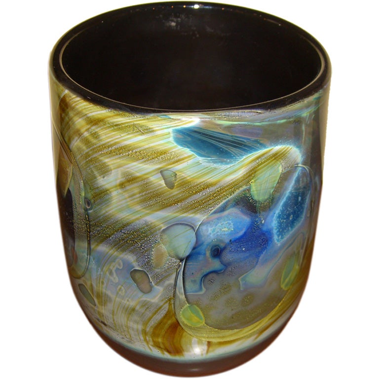Vibrant colorful signed 1982 hand blown art glass vase at 1stDibs