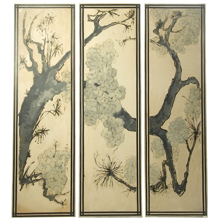 Set of Three Hand Painted Panels in the Chinese Style at 1stDibs