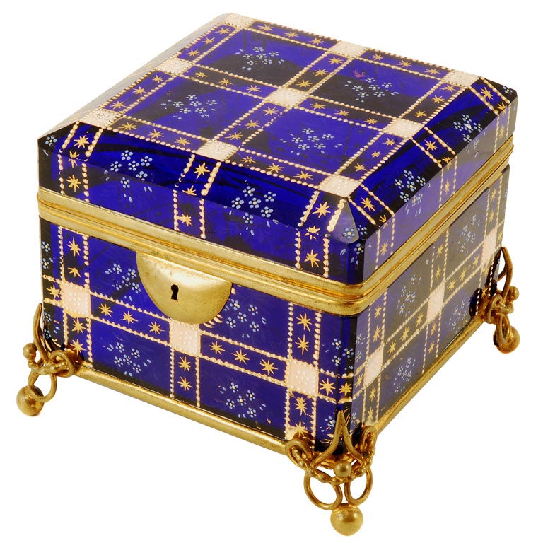 Square enamelled blue glass box with ormolu mounts at 1stDibs