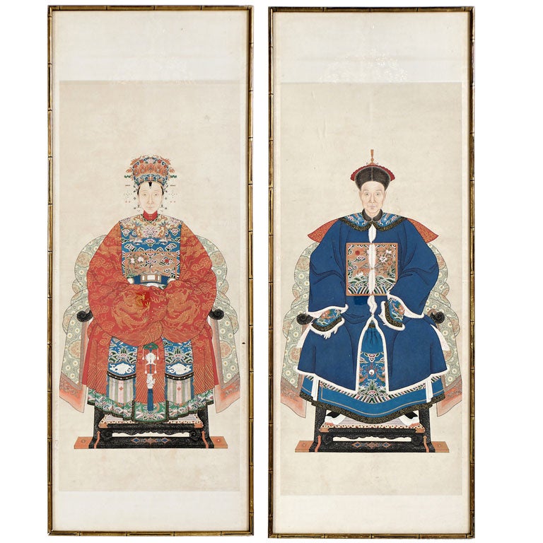 Pair Chinese Ancestor Portraits In Gilt Bamboo-Form Frames at 1stDibs