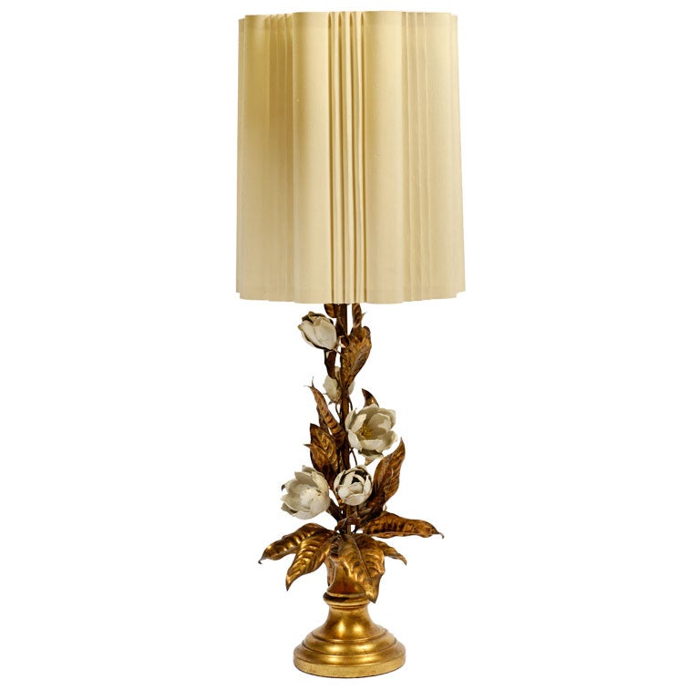 Italian Gilt Tole and Enamel Magnolia Lamp at 1stDibs