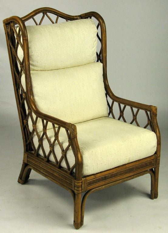 Rattan and Cane Wing Chair With Matching Ottoman at 1stDibs