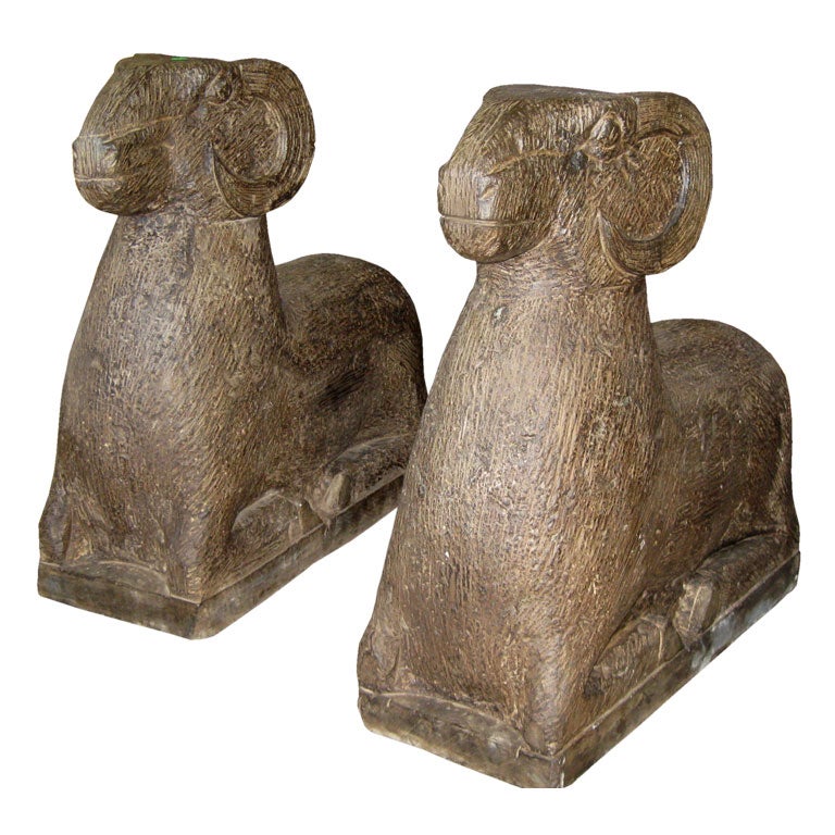 Large Pair of Carved Stone Rams at 1stDibs