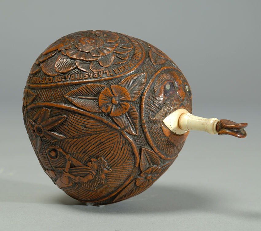 Superb Antique Mexican Carved Coconut Flask at 1stDibs