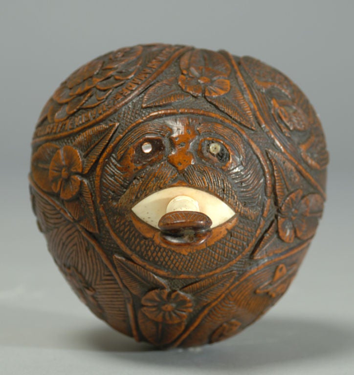 Superb Antique Mexican Carved Coconut Flask at 1stDibs