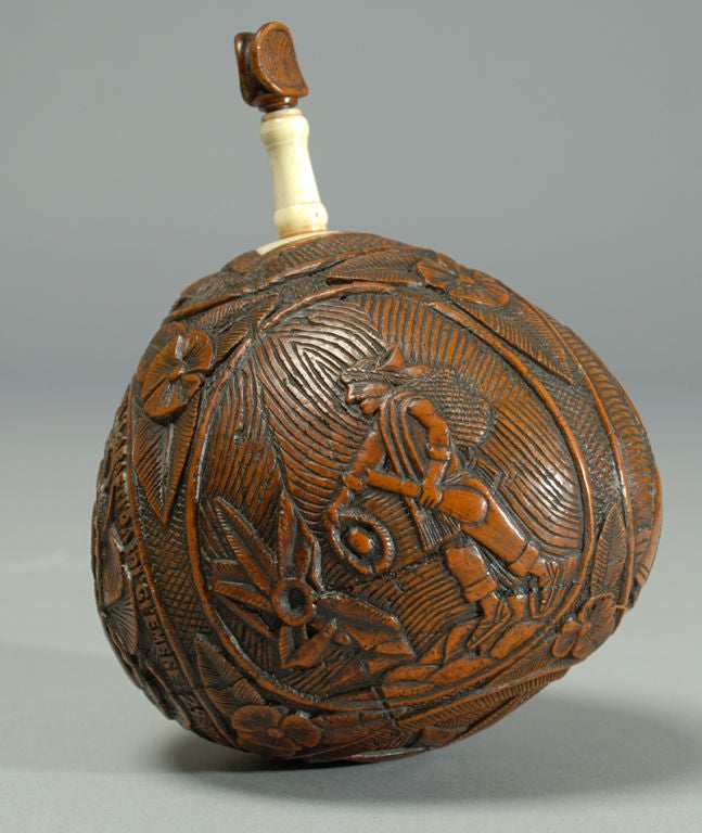 Superb Antique Mexican Carved Coconut Flask at 1stDibs