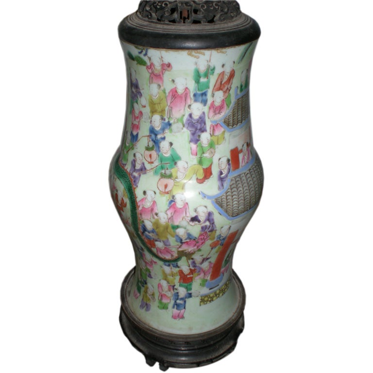 19th c. Famille Rose Vase Lamp with Carved Wood Base and Cap at 1stDibs