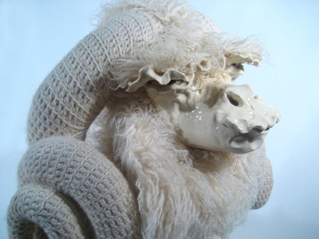 amazing ram chair with ceramic face and Flokati covered body at 1stDibs