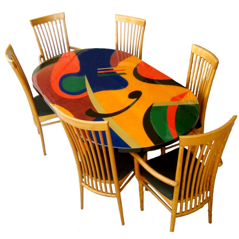 SIGNED ITALIAN HAND PAINTED DINING TABLE AND SIX CHAIRS For Sale at 1stDibs