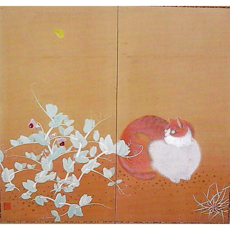 Japanese Screen: Painting of Cat and Butterfly on Silk. at 1stDibs