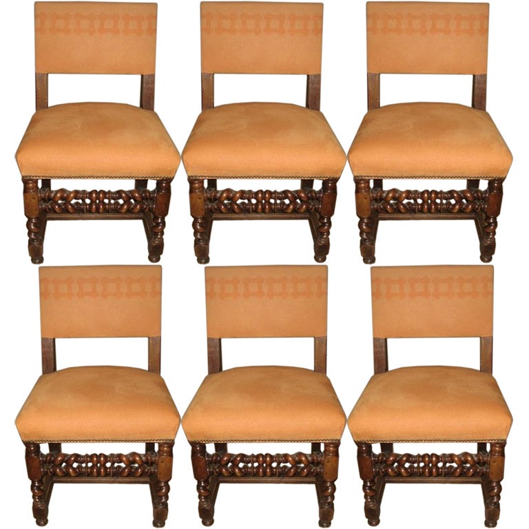 Set of Six Walnut Dining Chairs with Turned Legs at 1stDibs