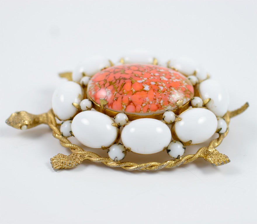 "Gold" and "Coral" Cabochon Turtle Brooch by DeNicola, Costume Jewelry ...