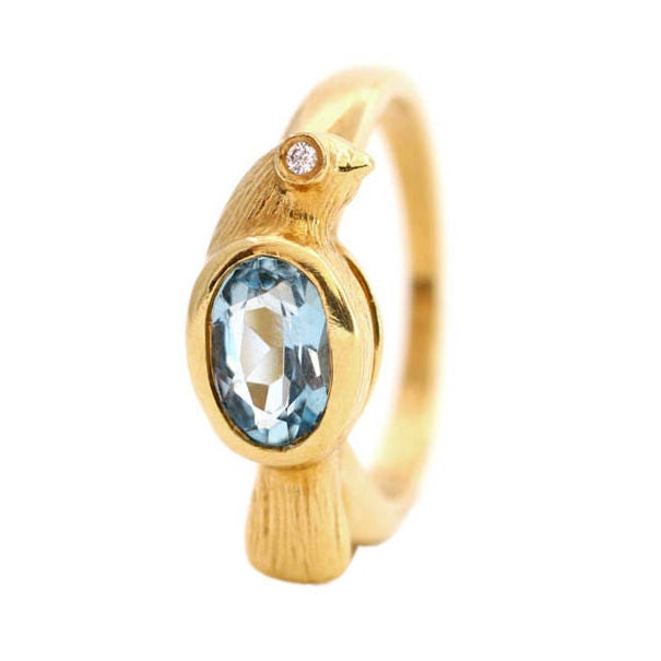 18Kt Gold, Diamond and Aquamarine Bird Ring at 1stDibs