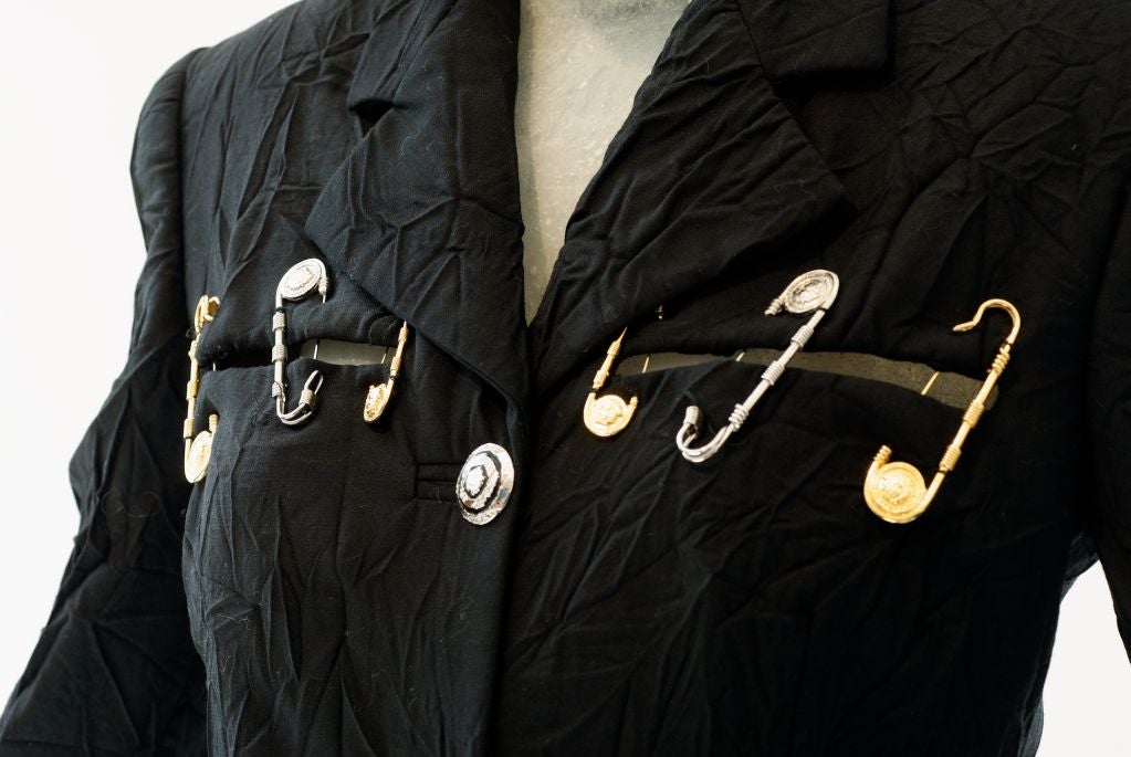 1994 Gianni Versace Couture Slashed Suit with Safety Pins at 1stDibs