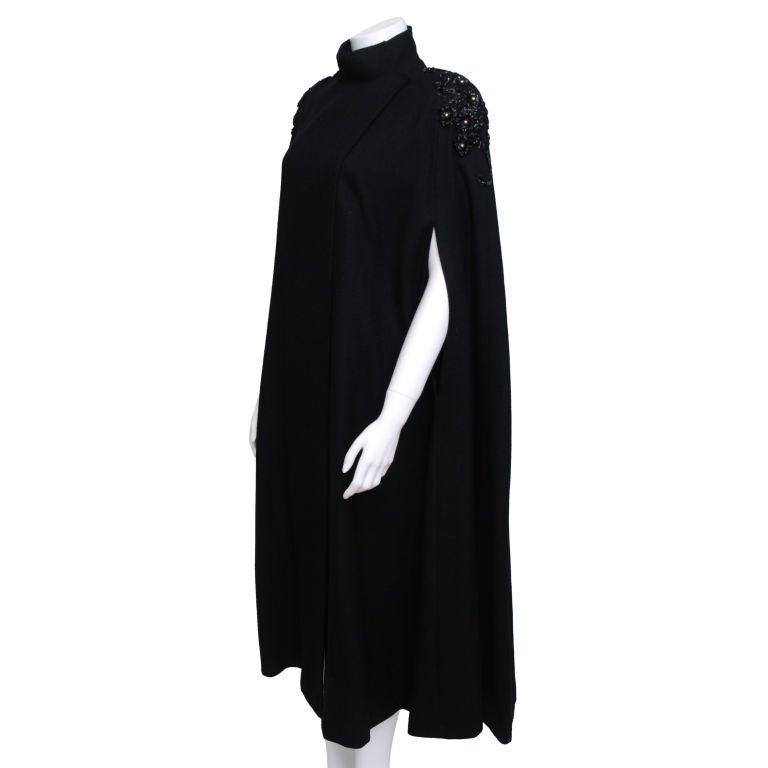 Woven Wool Black Cape with Black Sequin And Rhinestone Applique at 1stDibs