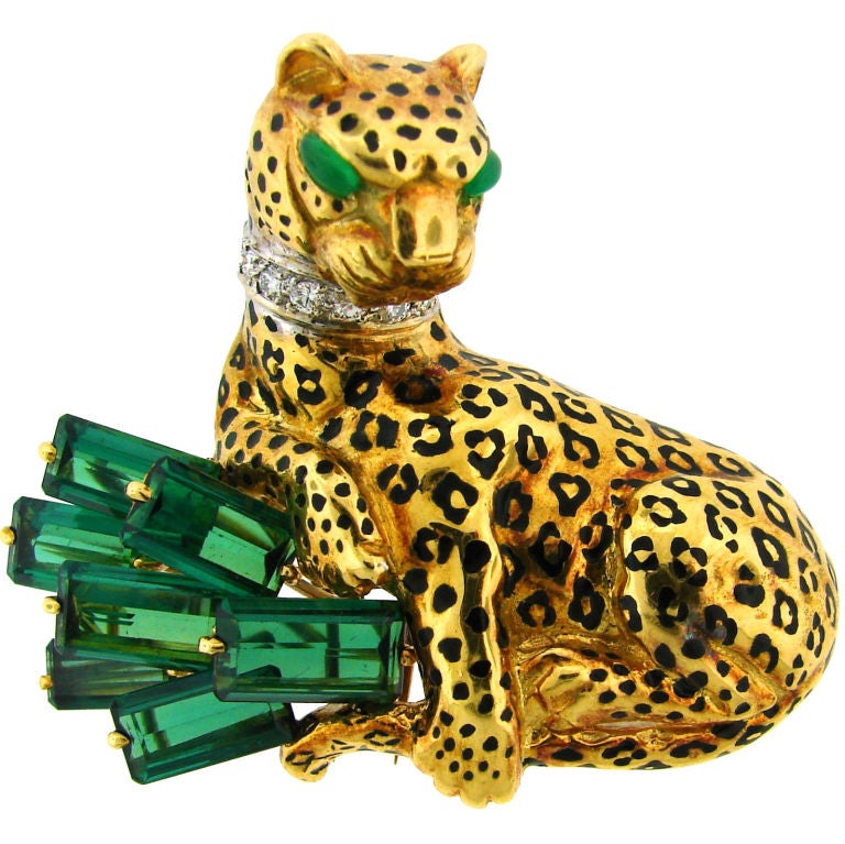 Cartier Green Tourmaline, Diamond, Enamel and Gold Panther Brooch at ...