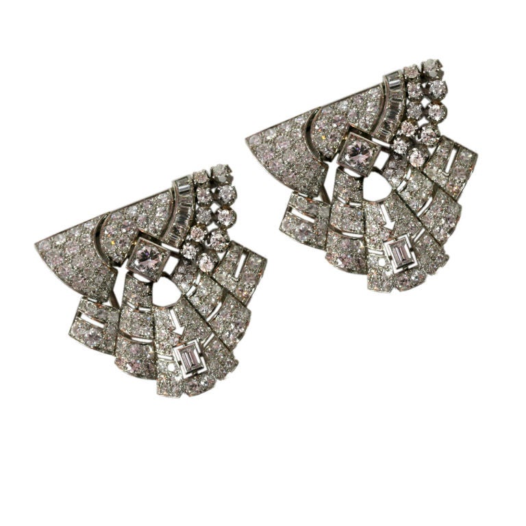 Pair of art deco diamond and platinum dress clips (brooches) at 1stDibs