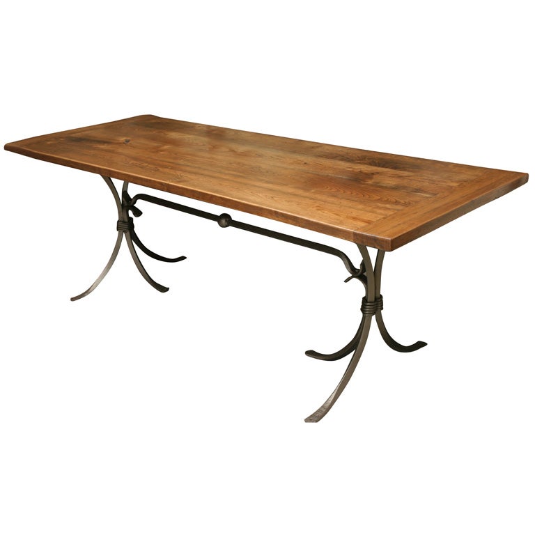 Distressed Cherry Wood Table Top on Metal Base at 1stDibs