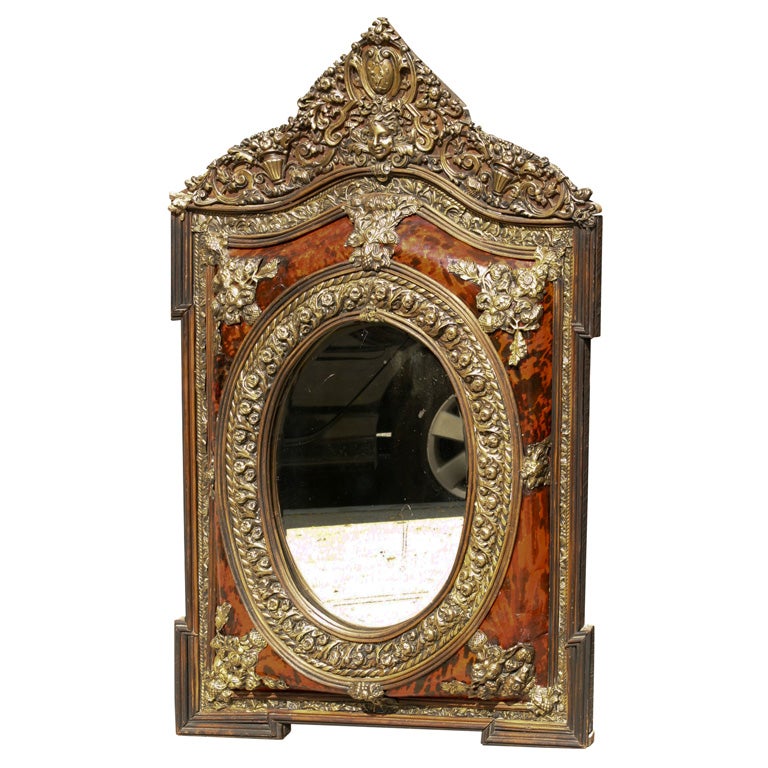 Large Tortoise-shell Oval Mirror With Brass Repoussé at 1stDibs