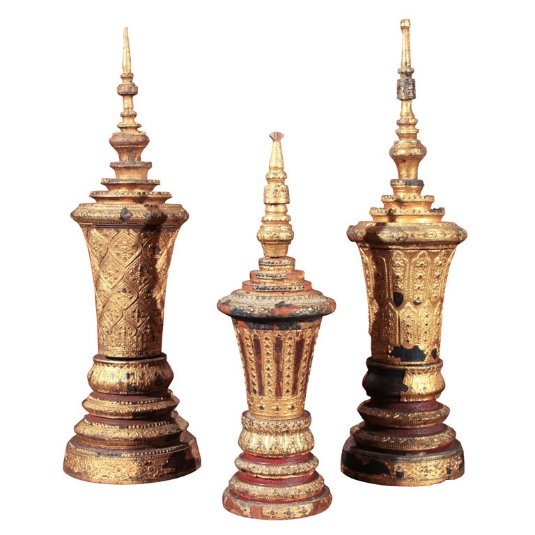 Three Thai Gilt Teak Wood Pagoda Urns at 1stDibs