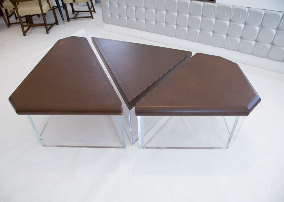 Custom Lucite and Leather Wrapped 3 Piece Cocktail Table at 1stDibs