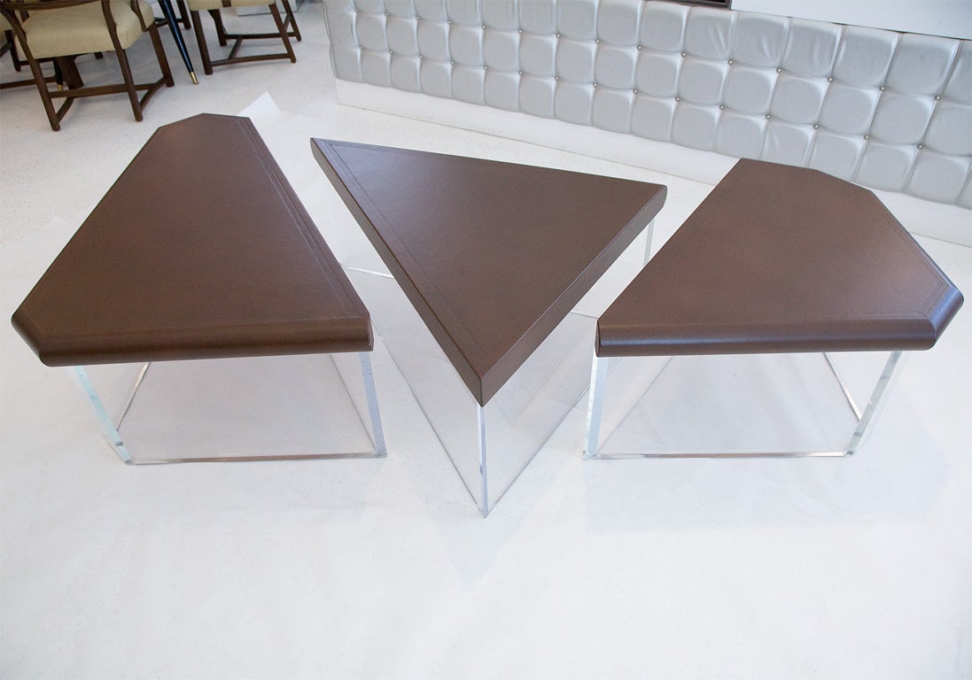 Custom Lucite and Leather Wrapped 3 Piece Cocktail Table at 1stDibs