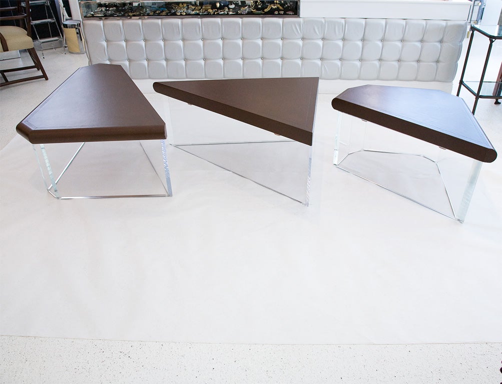 Custom Lucite and Leather Wrapped 3 Piece Cocktail Table at 1stDibs