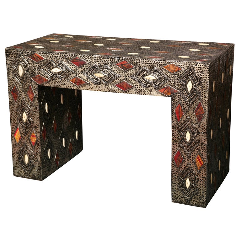 Moroccan Console Artisan Bone Leather Stone Inlaid Hammered Brass ...