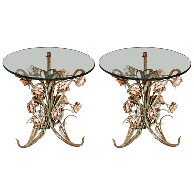 Charming Pair of Tole Floral Side Tables C. 1920's at 1stDibs
