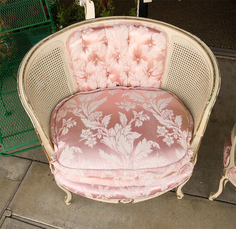 CANE BACK PINK SATIN BARREL CHAIRS~ at 1stDibs