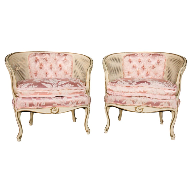 CANE BACK PINK SATIN BARREL CHAIRS~ at 1stDibs
