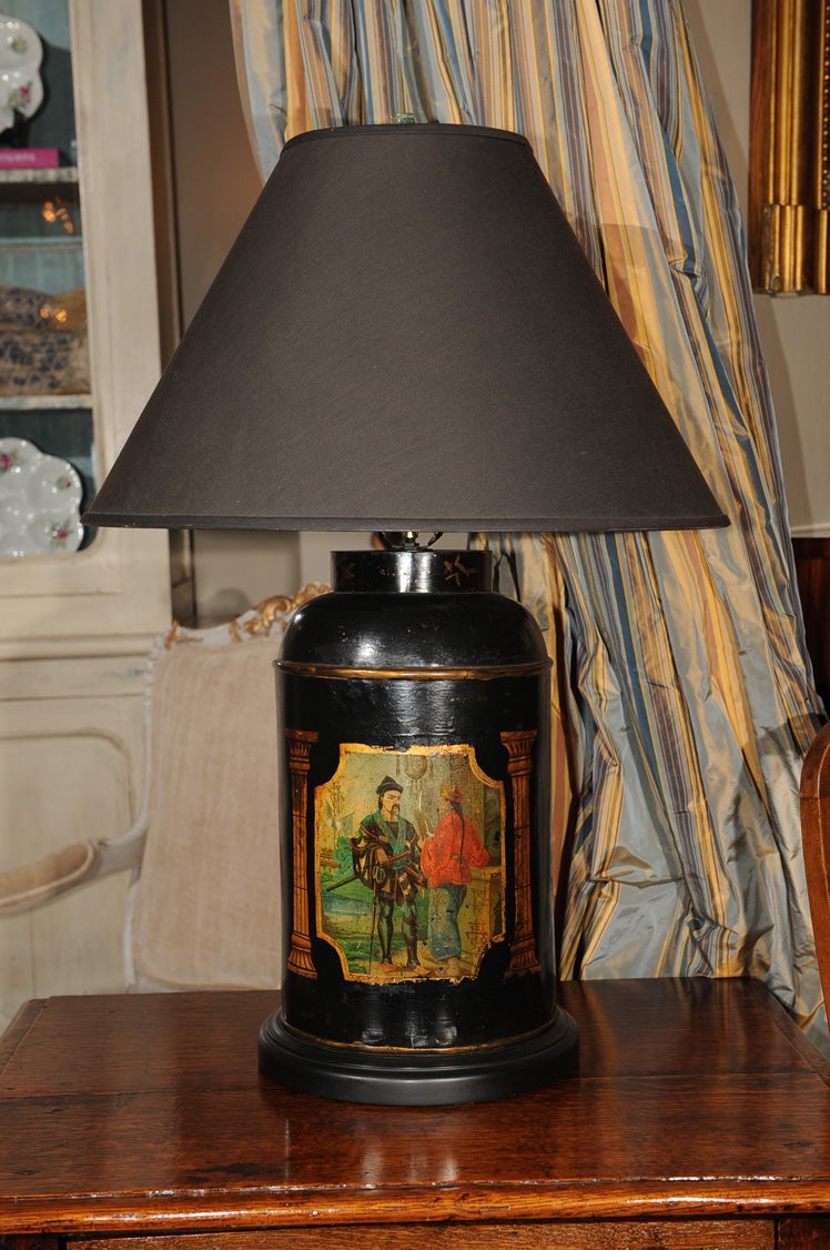 English Tole Painted Tin Tea Canister Table Lamp at 1stDibs